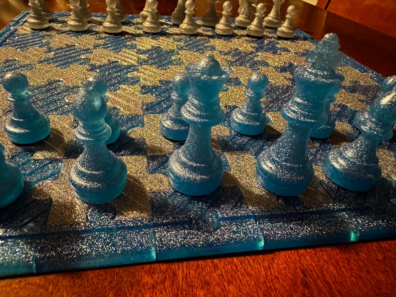 Resin Puzzle Chess Set Glitter Blue & Glitter Silver - Etsy