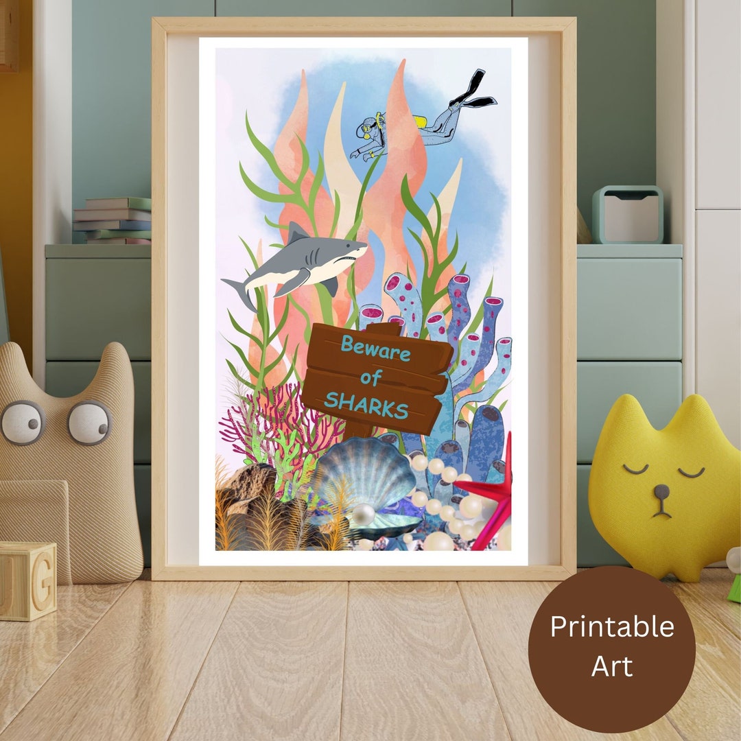 Beware of Sharks Printable Wall Art Ocean Themed Wall Hanging Under the ...