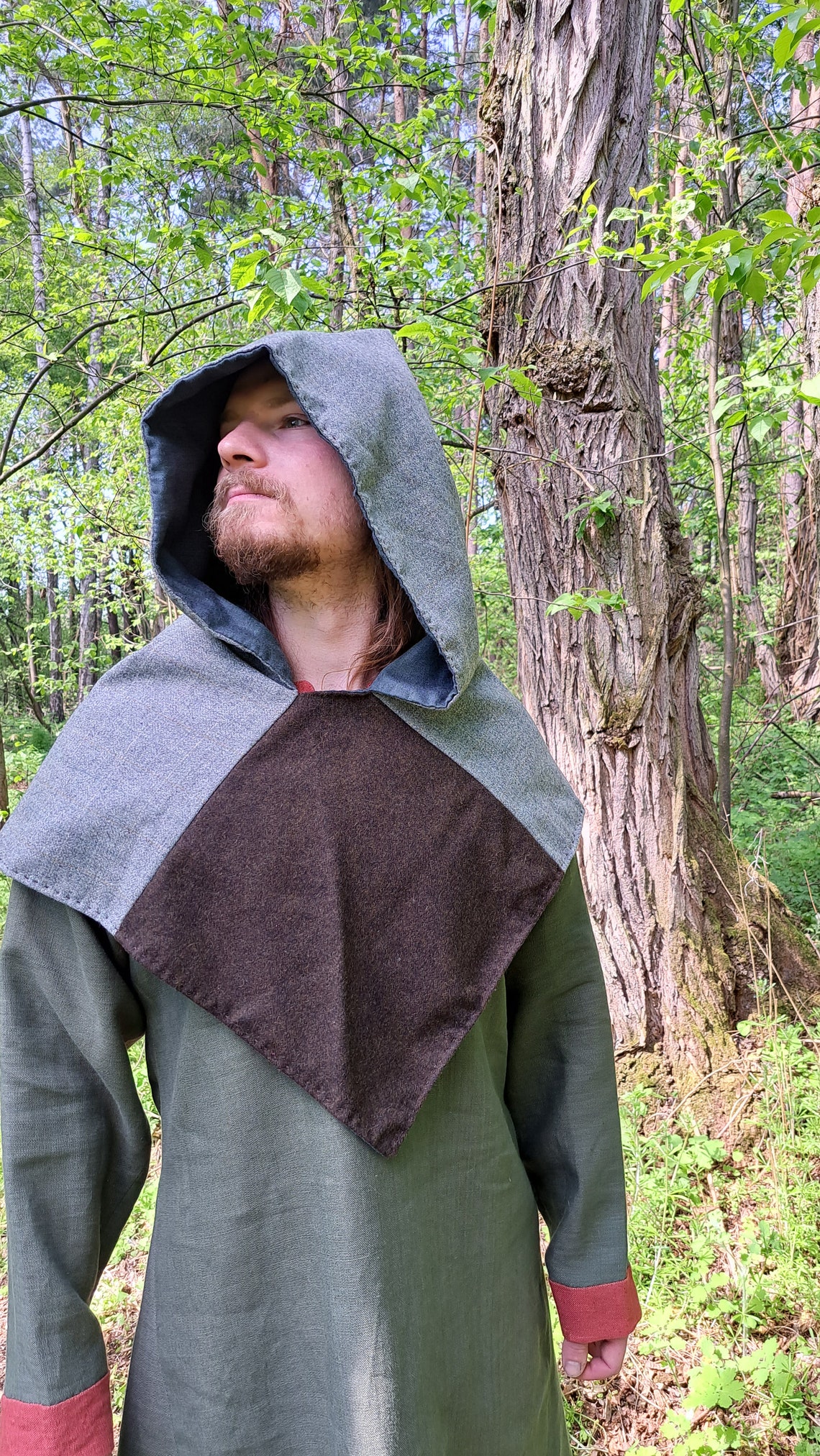 Woolen Viking Skjoldehamn Hood, Gray and Olive Brown Warm Wool, Woolen ...