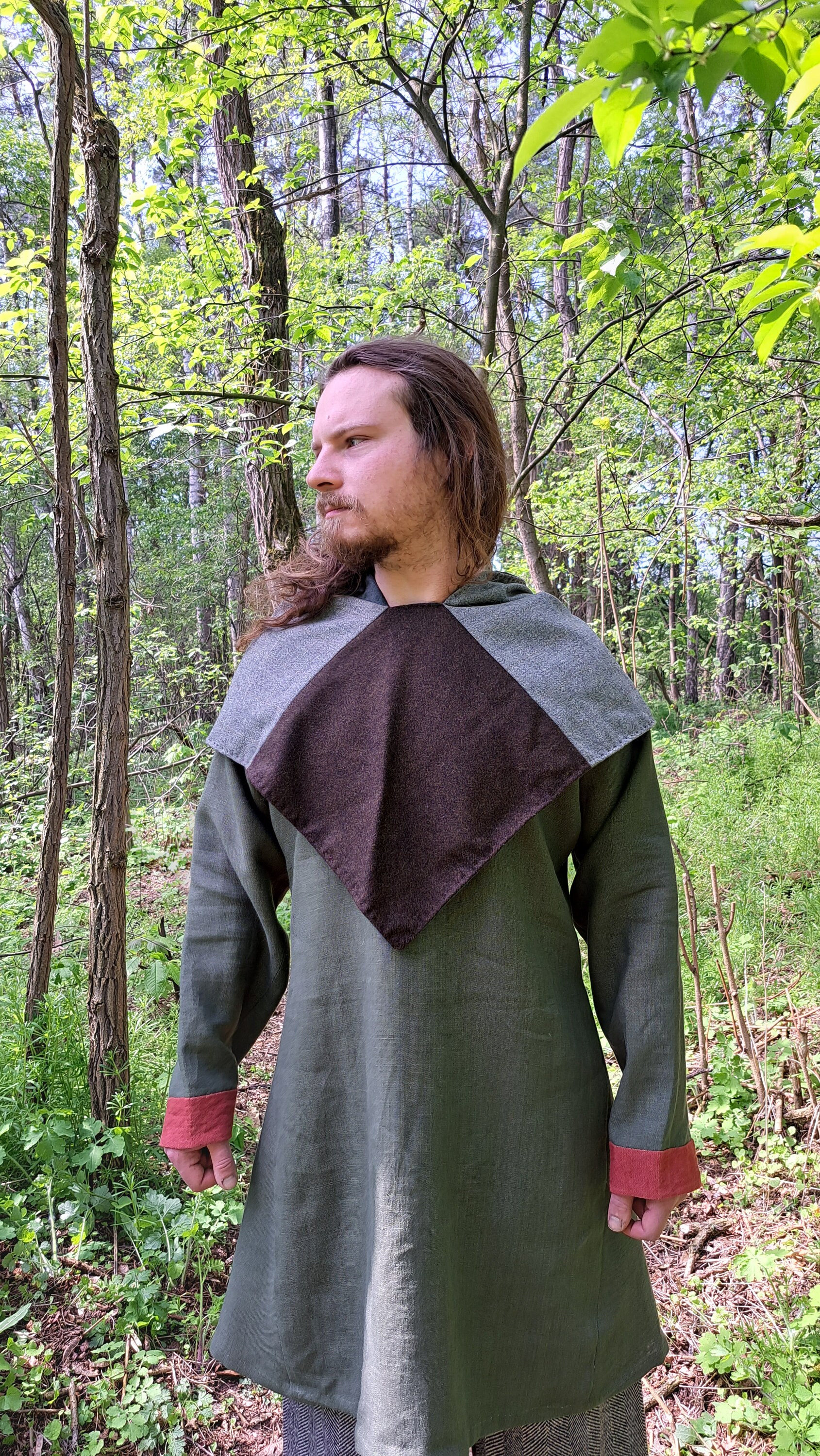 Woolen Viking Skjoldehamn Hood, Gray and Olive Brown Warm Wool, Woolen ...