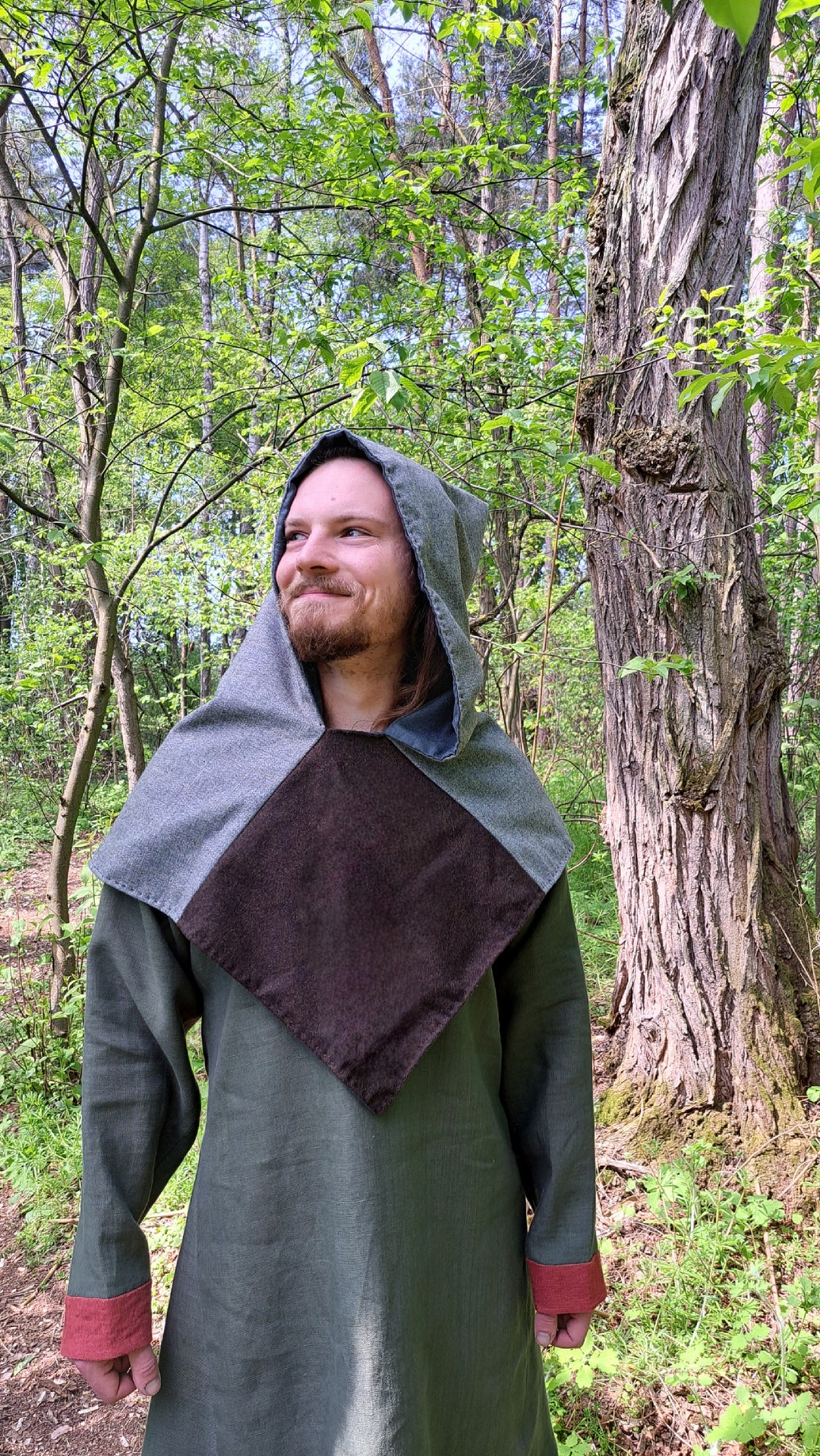 Woolen Viking Skjoldehamn Hood, Gray and Olive Brown Warm Wool, Woolen ...