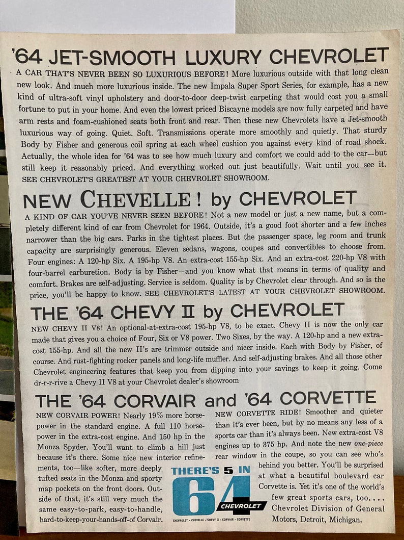 1964 Chevrolet Print Ad: Corvette Sting Ray, Impala, Malibu, Nova ...