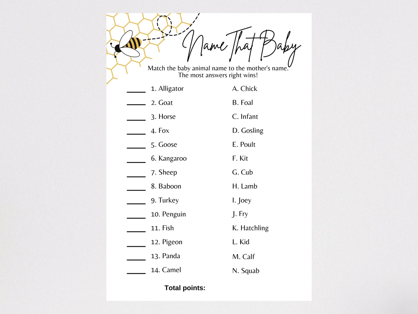 Bee Theme Baby Shower, Name That Baby Game, Baby Animal Name Game ...