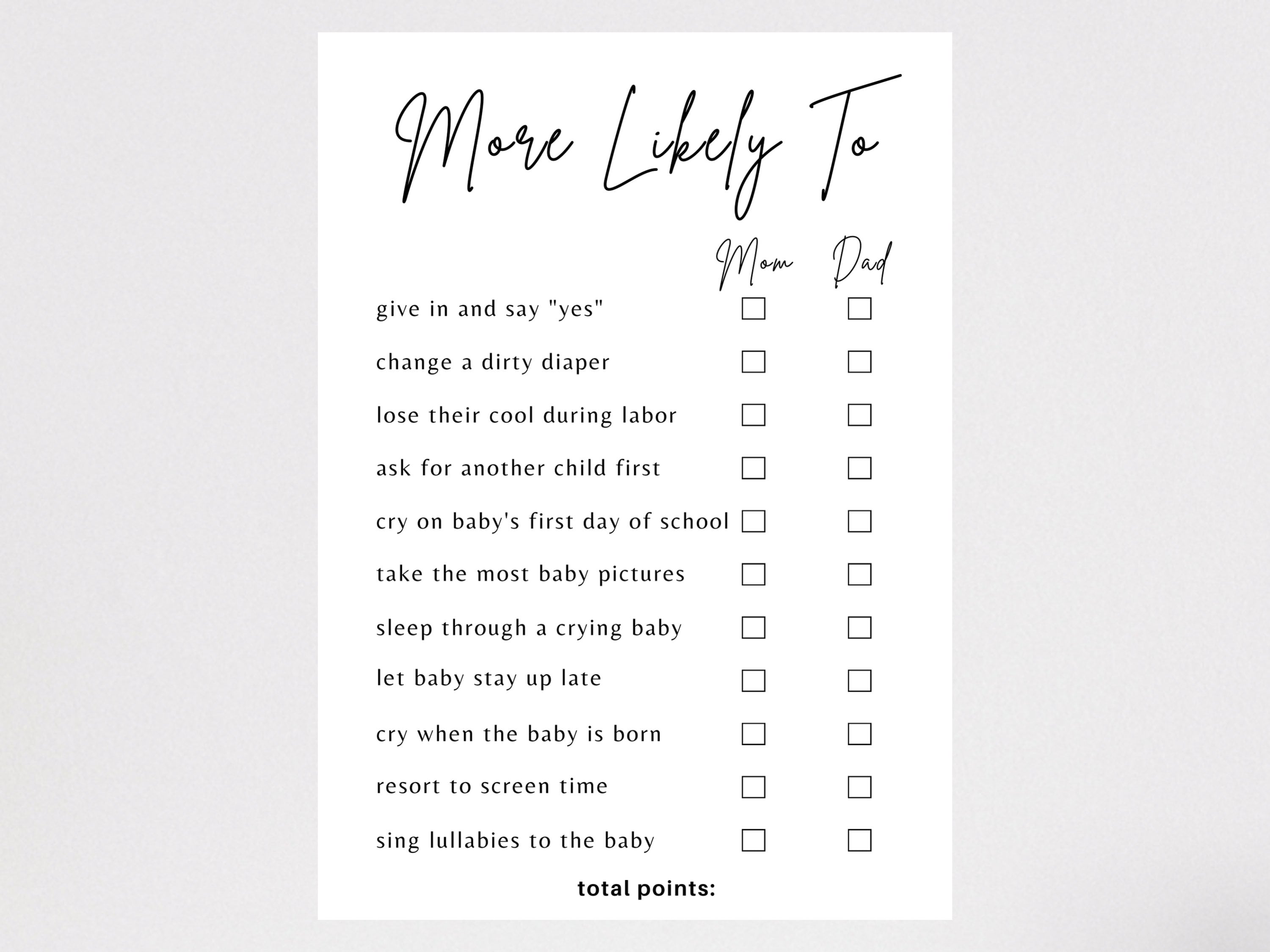 More Likely to Game for Baby Shower, Mom or Dad, Printable PDF Document ...