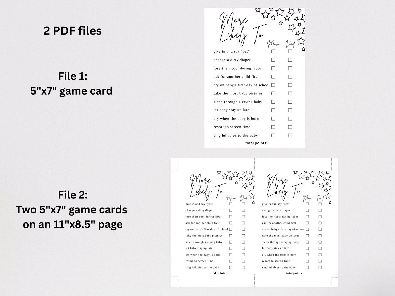 Stars Theme Baby Shower, More Likely to Game, Mom or Dad, Printable PDF ...