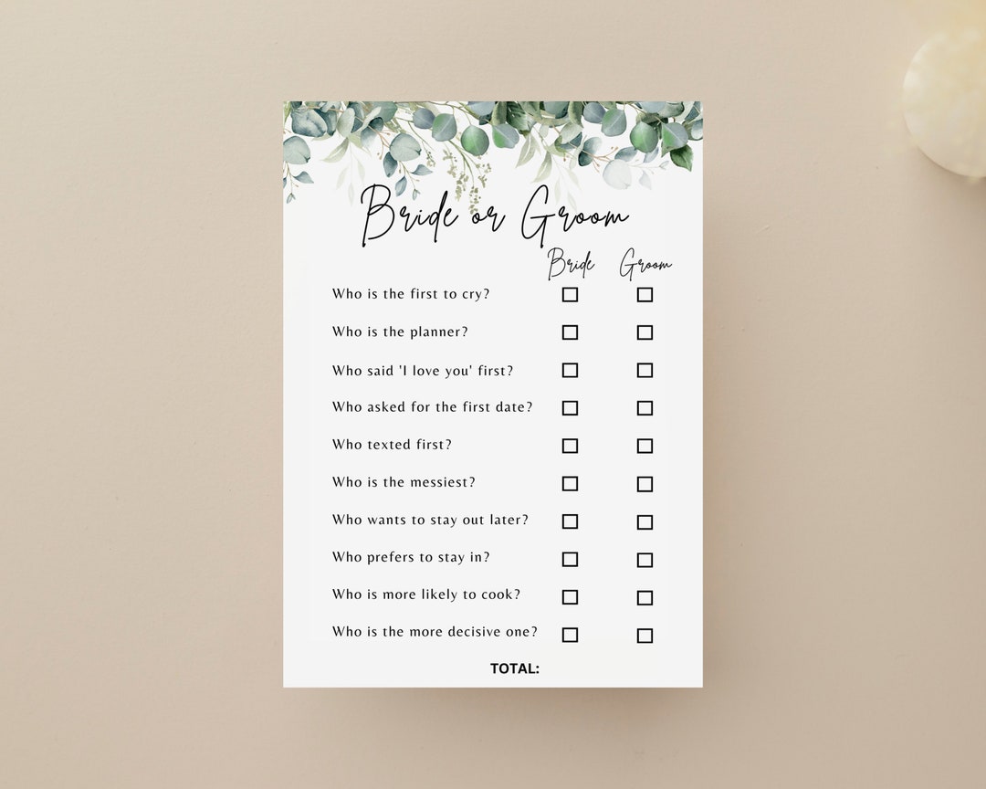 Eucalyptus 'more Likely, Bride or Groom' Game for Bridal Shower ...