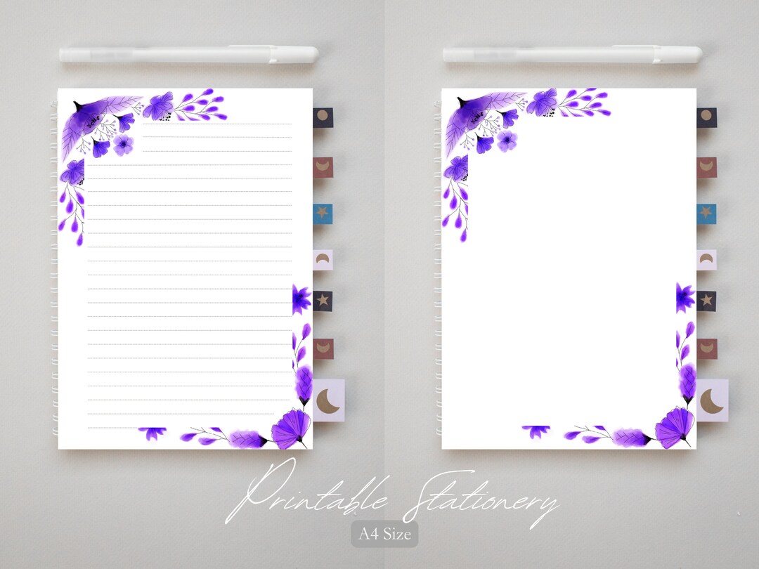 Purple Flowers reading Time Printable Stationery 8.3x11.7 in - Etsy