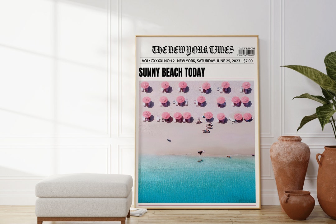 Preppy Newspaper Print Sunny Beach Day Retro Newspaper Poster Beach ...