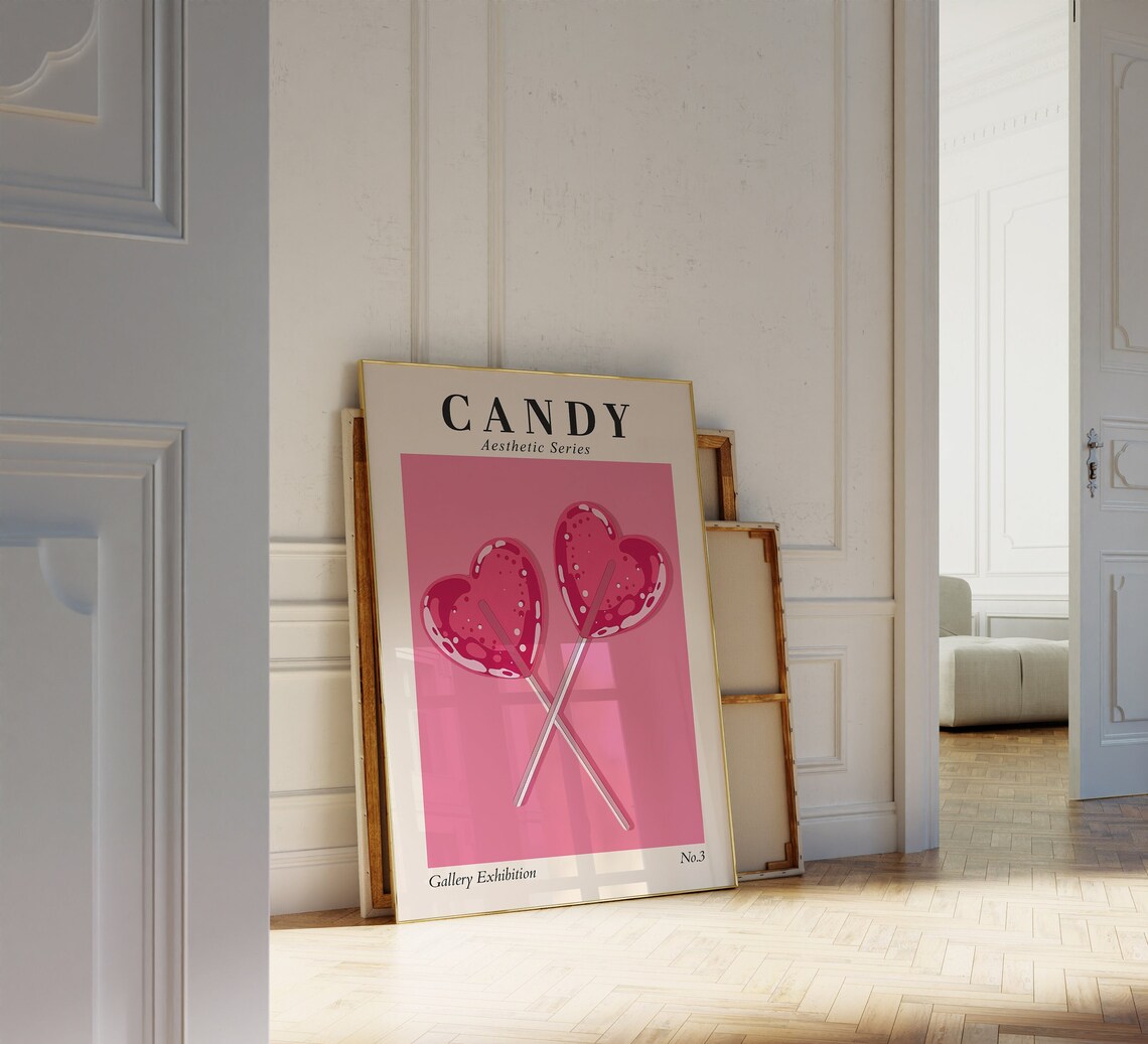 Candy Gallery Poster, Aesthetic Pink Poster, Heart Shaped Lollipop ...
