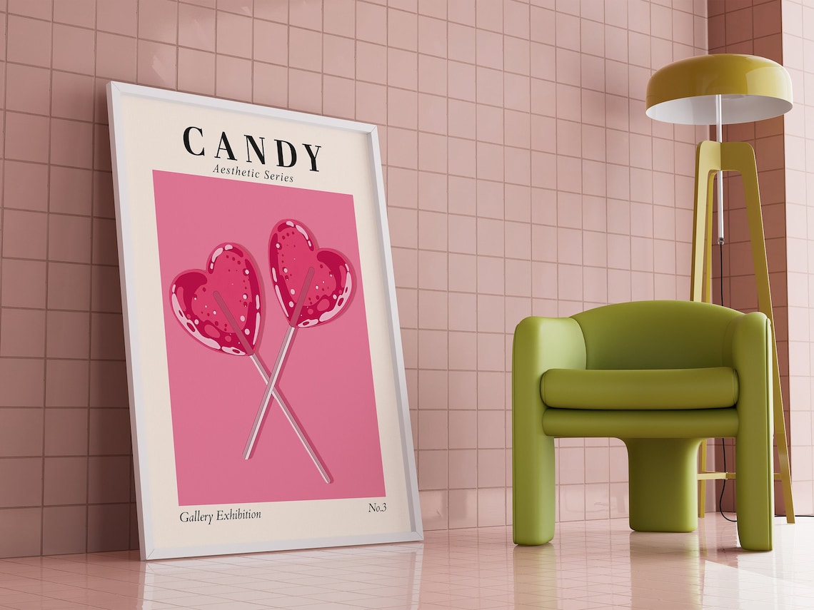 Candy Gallery Poster, Aesthetic Pink Poster, Heart Shaped Lollipop ...