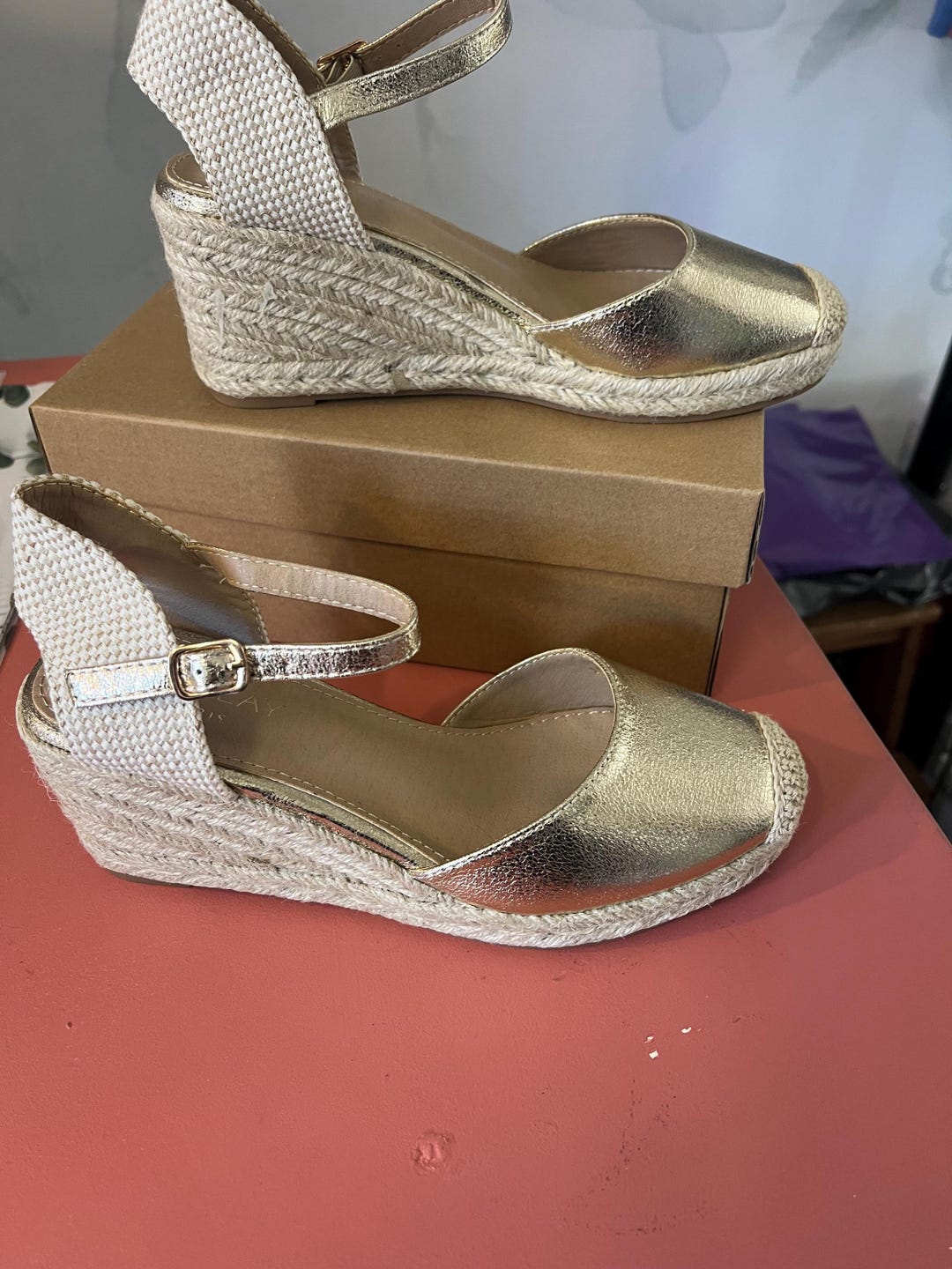 Gold Low Wedge Espandrille Ankle Strap Closed Toe - Etsy