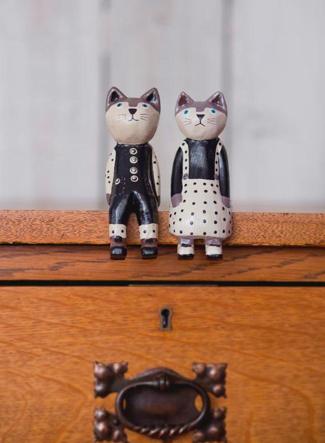 Set of 2 Him and Her Sitting Cats, Handcrafted Wooden Decor, UK ...