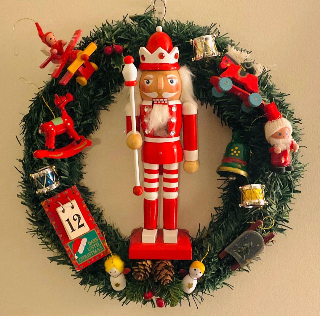 Nutcracker Vintage Painted Wood Ornament Covered Faux Garland Christmas ...