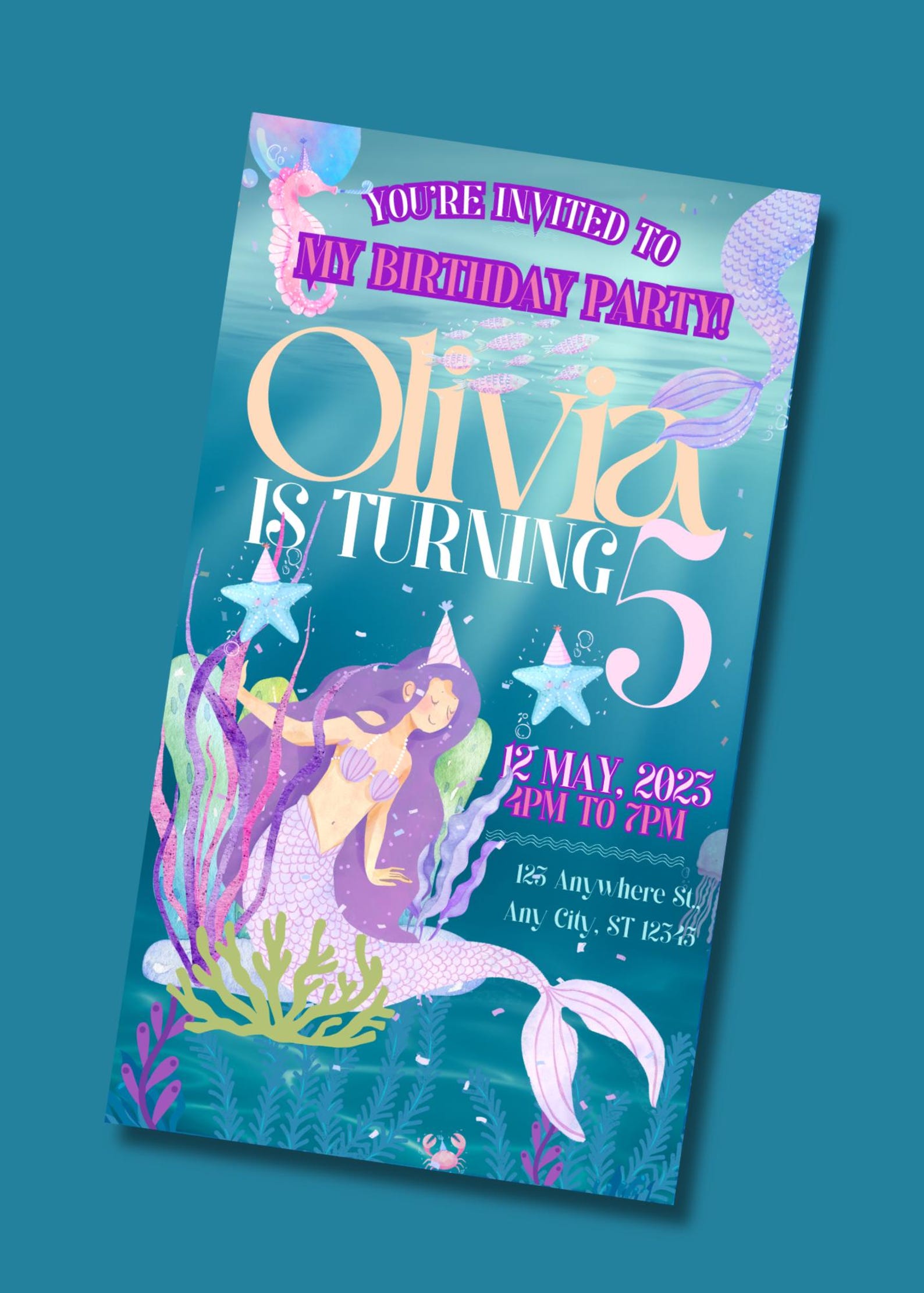 Girls Mermaid Birthday Party Invitation Pink and Purple Party Supplies ...