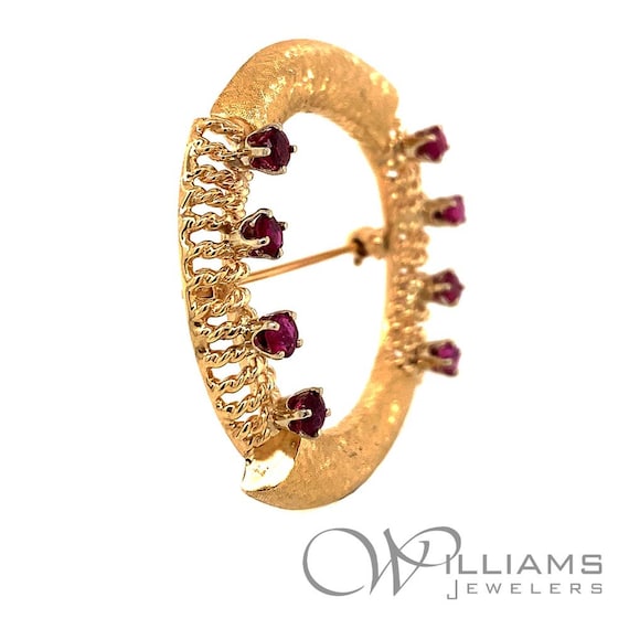 Mid-Century 14ky Ruby Retro Circle Brooch - Gem