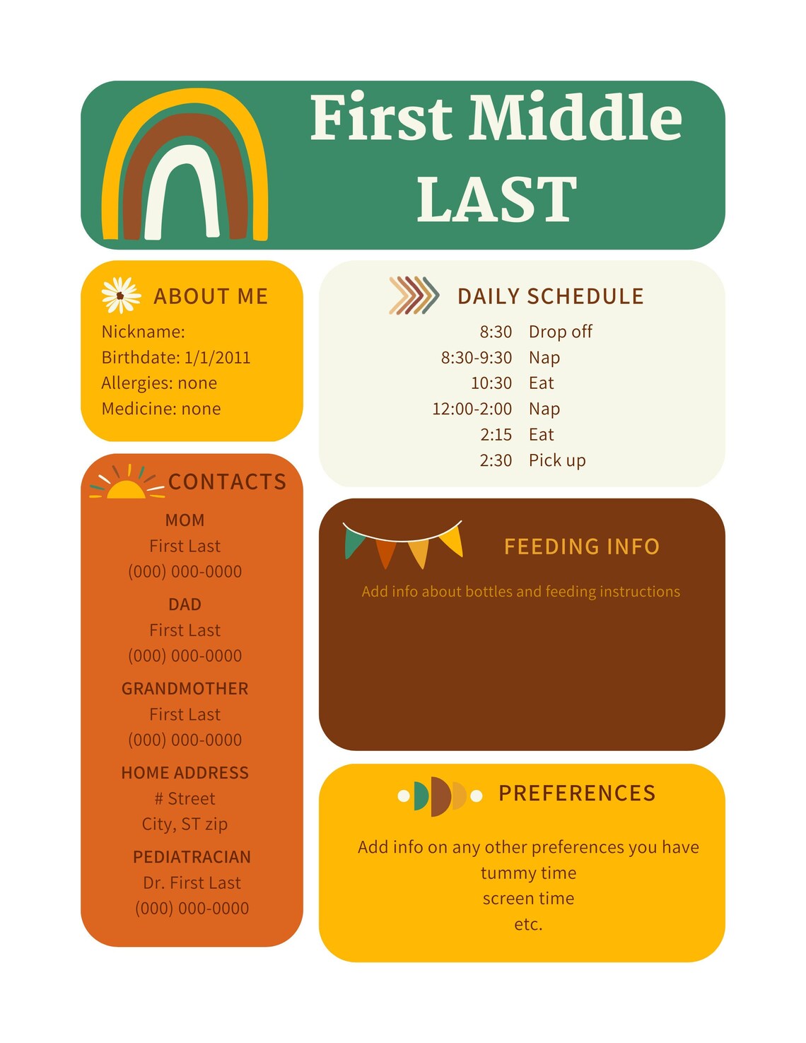 Daycare Child Info Sheet EDITABLE Green Boho - Etsy