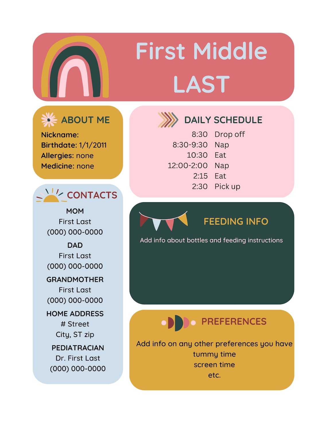 Daycare Child Info Sheet EDITABLE Pink Boho - Etsy