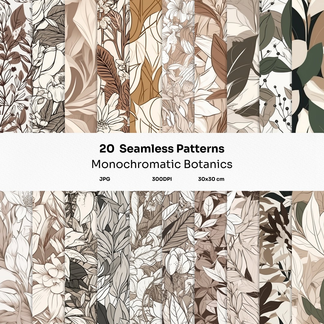 Botanical Flowers Monochromatic Earthy Neutral Seamless Patterns: 20 ...
