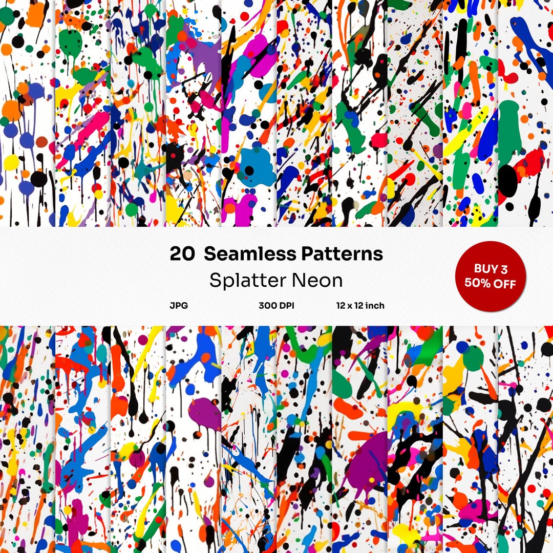 Neon on White Splatter Abstract Digital Prints: 20 Seamless Patterns ...