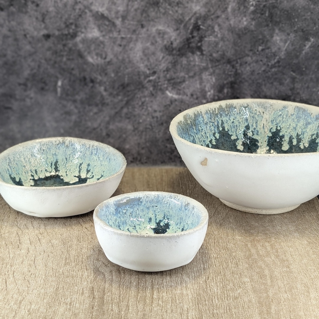 Set of 3 Handmade Ceramic Bowls - White and Blue Crackle Glaze, Italian ...
