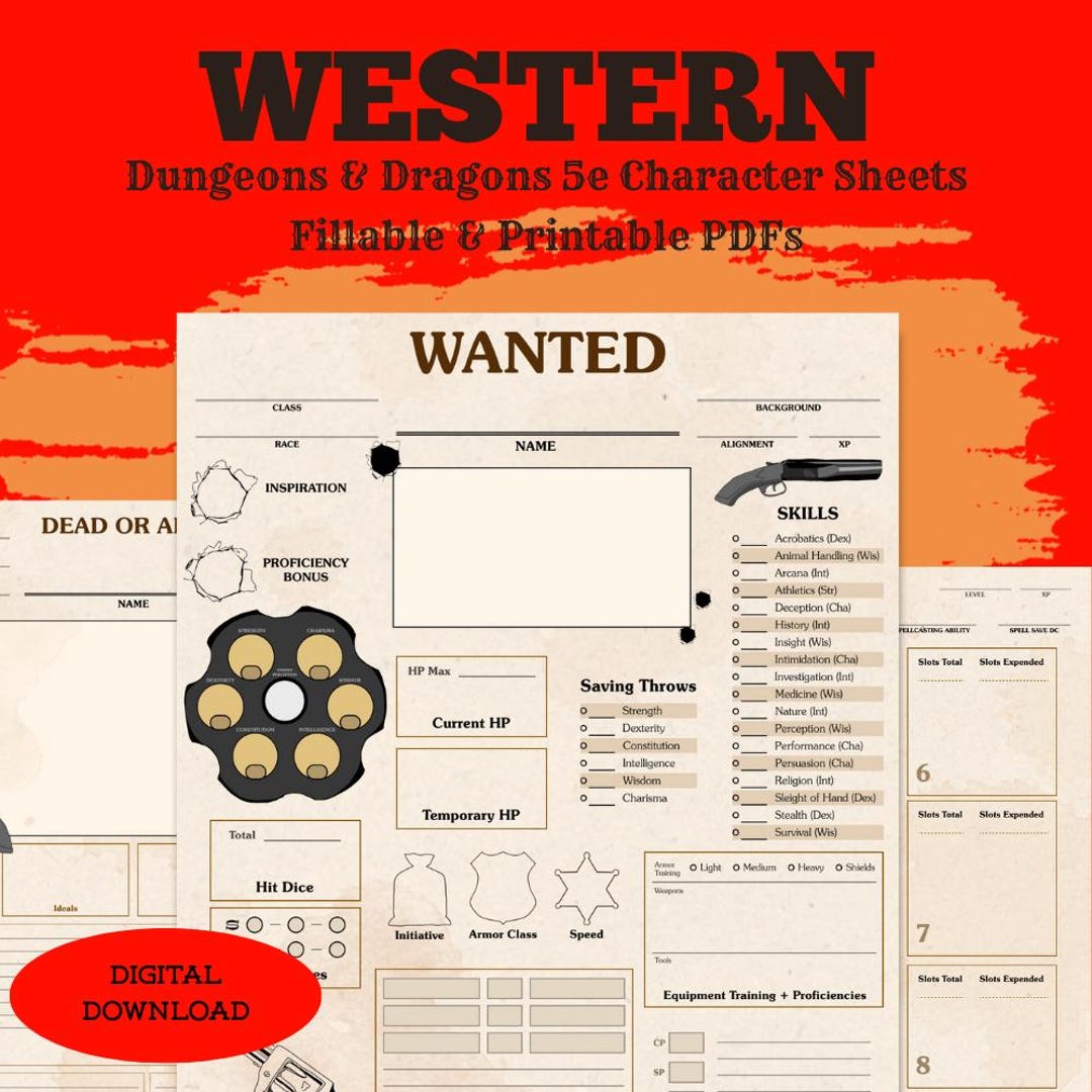 Western / Cowboy Themed Dungeons & Dragons 5e Sheet | Fillable ...