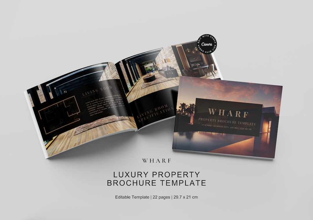 Wharf Luxury Real Estate Brochure Canva Template | Black & Gold/brown ...