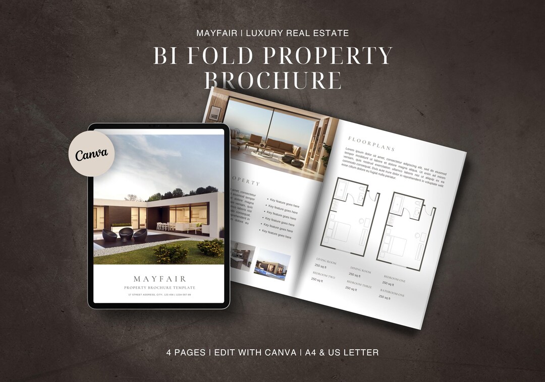 MAYFAIR Bifold Property Brochure CANVA Template | White Brown Neutral ...