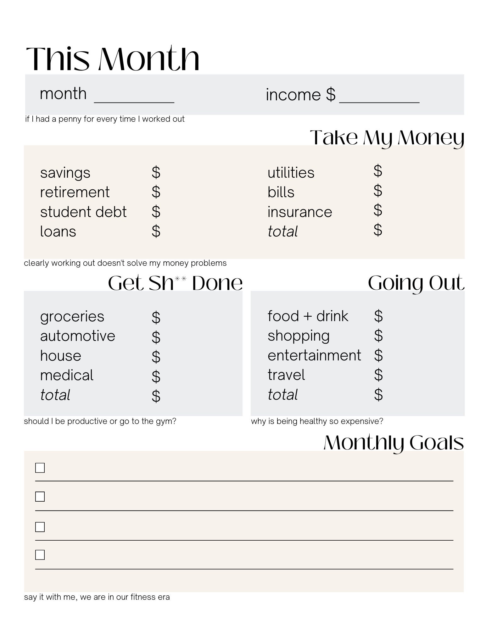 Monthly Quick Budget Printable, Instant Download, Monthly Budget, US ...
