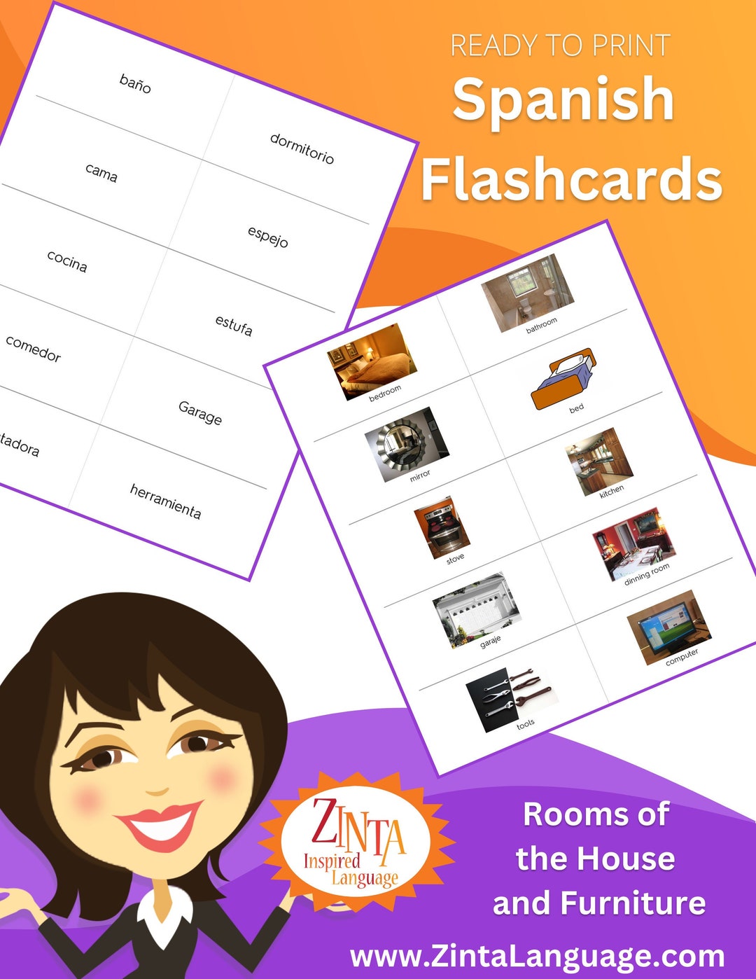 House Rooms and Furniture - Spanish/english Flashcards - Etsy
