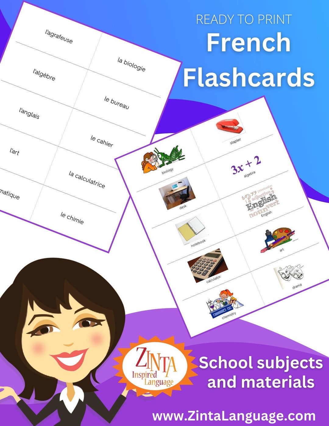 School Subjects and Materials - French/english Flashcards - Etsy