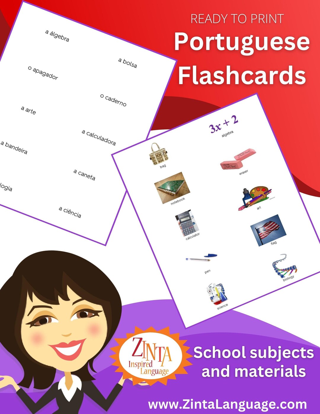 School Subjects & Supplies - Portuguese Flashcards - Etsy