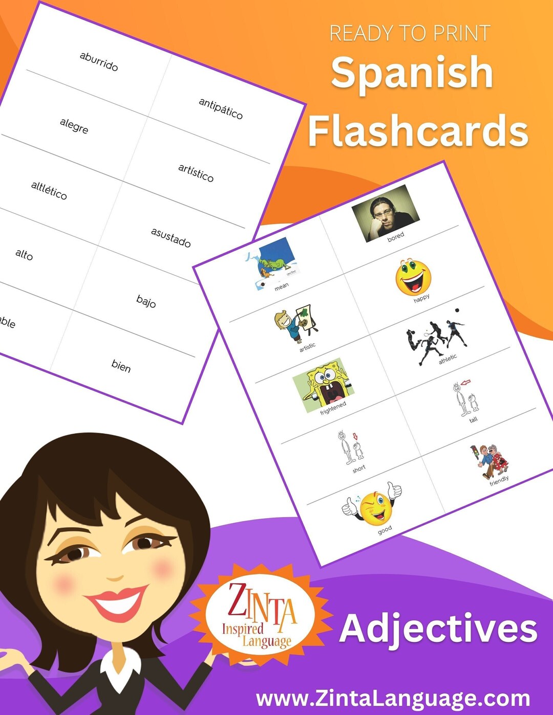 Adjectives - Spanish/english Flashcards - Etsy