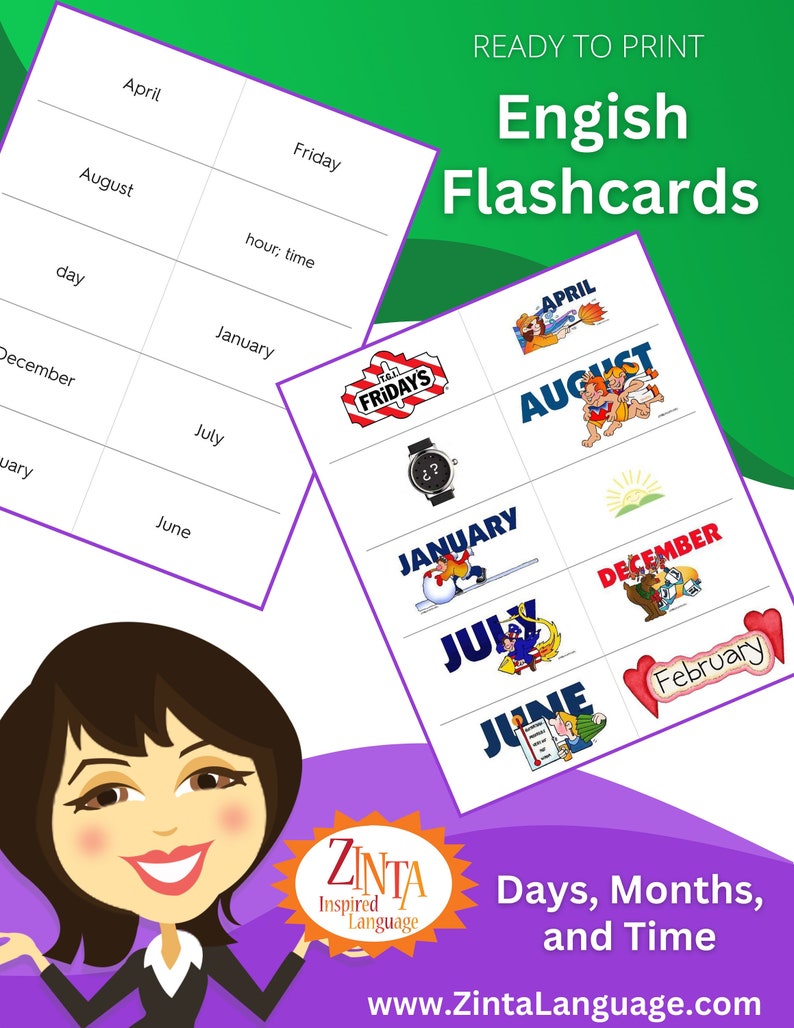 Days, Months, and Time - English Flashcards - Etsy