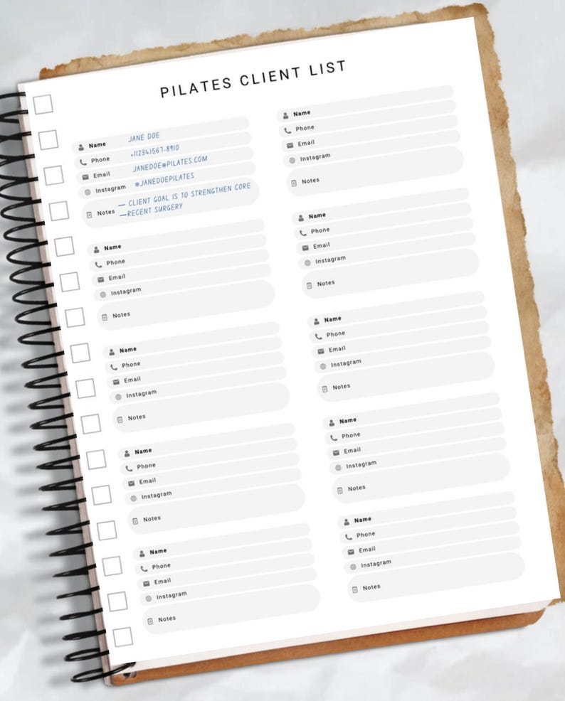 Pilates Client List for Planner, Tracking, Email, Phone, Ads, Goals for ...