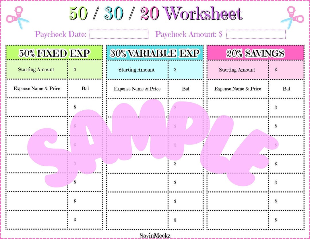 50 30 20 Method Worksheet - PDF Printable - Budget Planning - Etsy