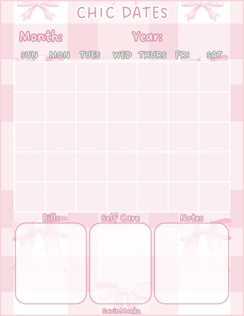 Chic Dates Coquette Style Undated Calendar PDF Printable US Letter ...