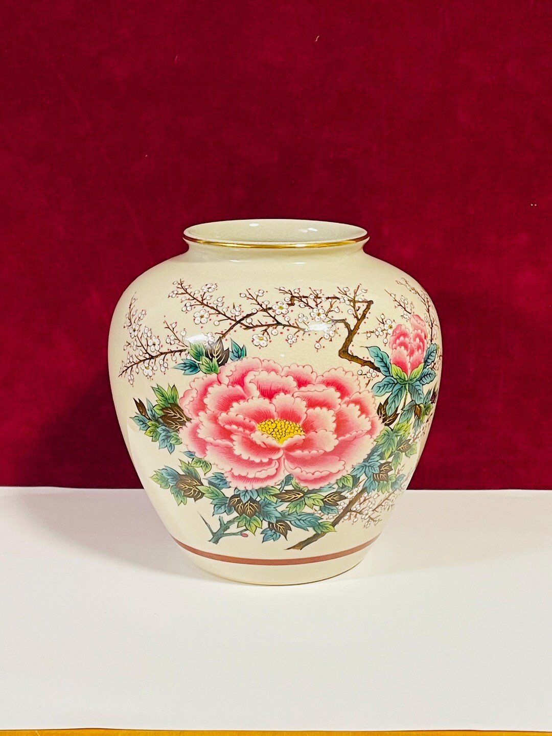 Large Vintage Japanese Kutani Ware Porcelain Crackle Glaze Vase Peonies ...