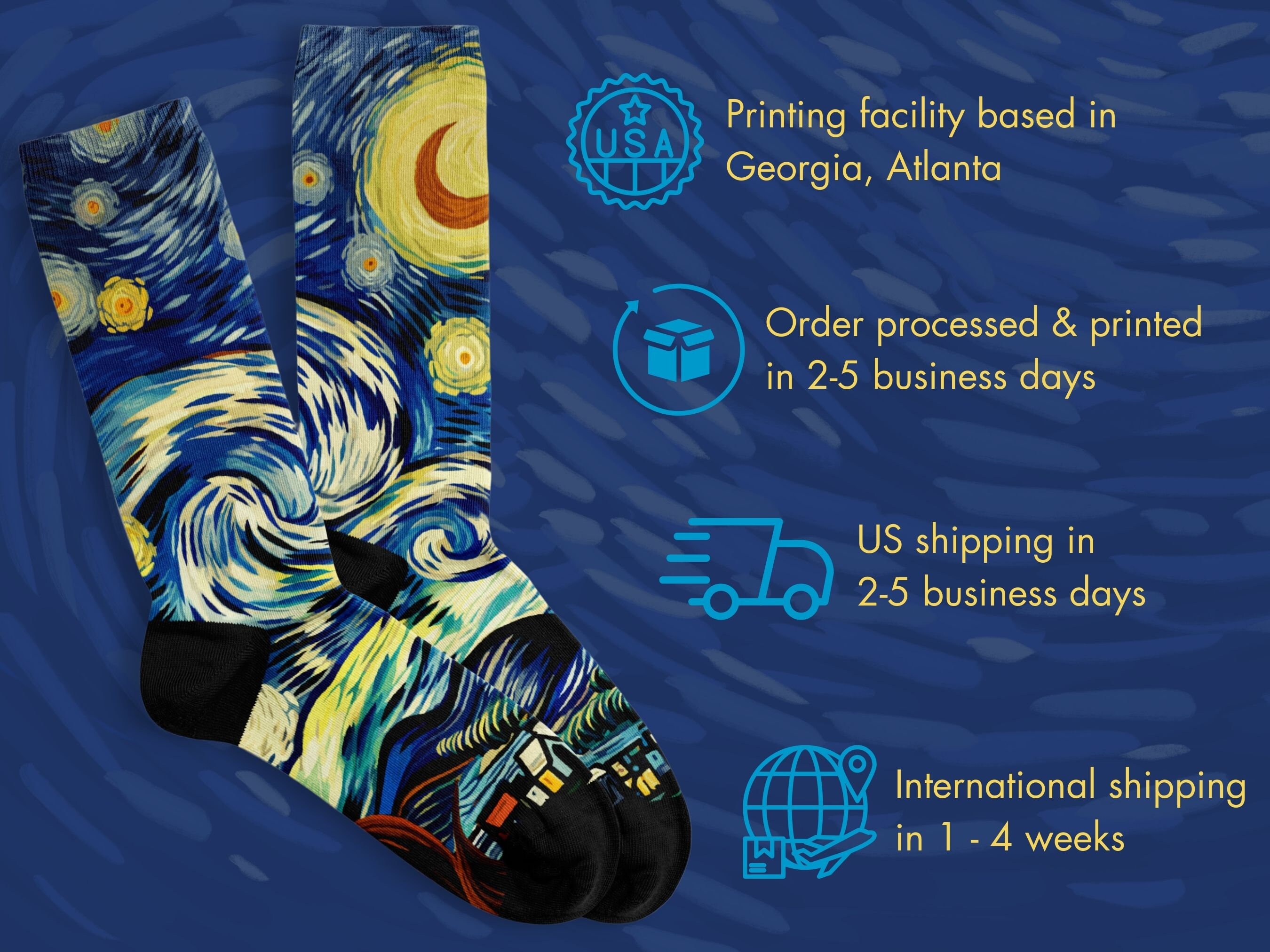 Van Gogh Inspired Starry Night Printed Unisex Socks Vincent Van Goph ...