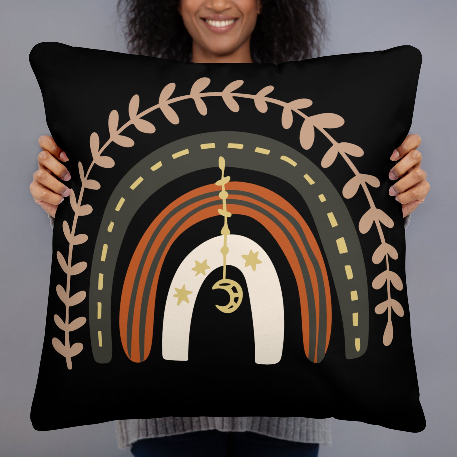 Boho Rainbow Decorative Pillow Black Colorful Home Decor Throw Pillow ...