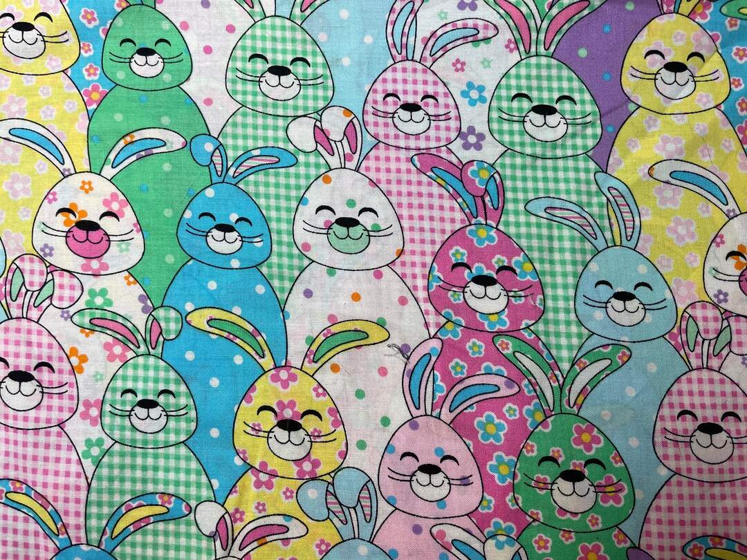 Easter Bunny Quilting Fabric Adorable Print Pink and Blue Gingham ...