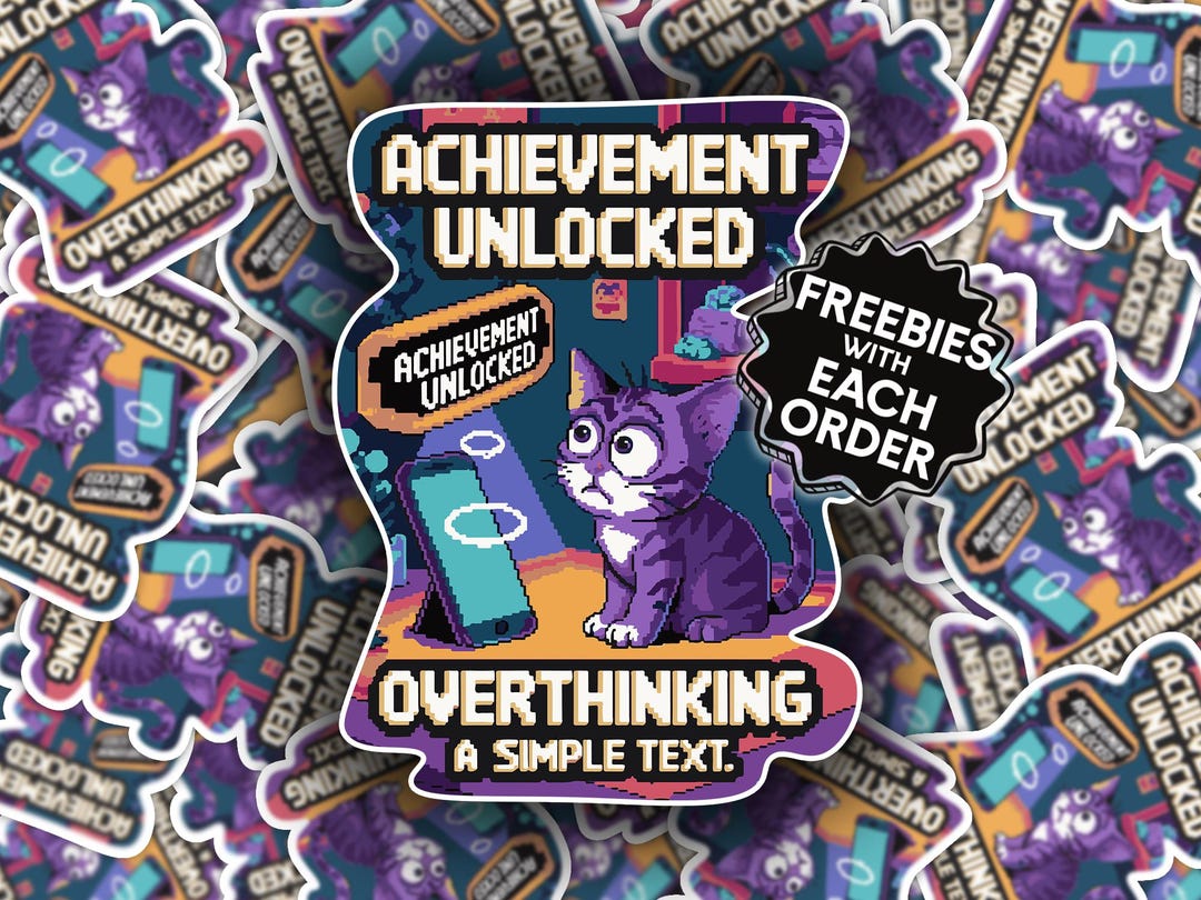 54pcs Achievement Unlocked Overthinking a Simple Text Cat Sticker Funny Gamer and Overthinker ...