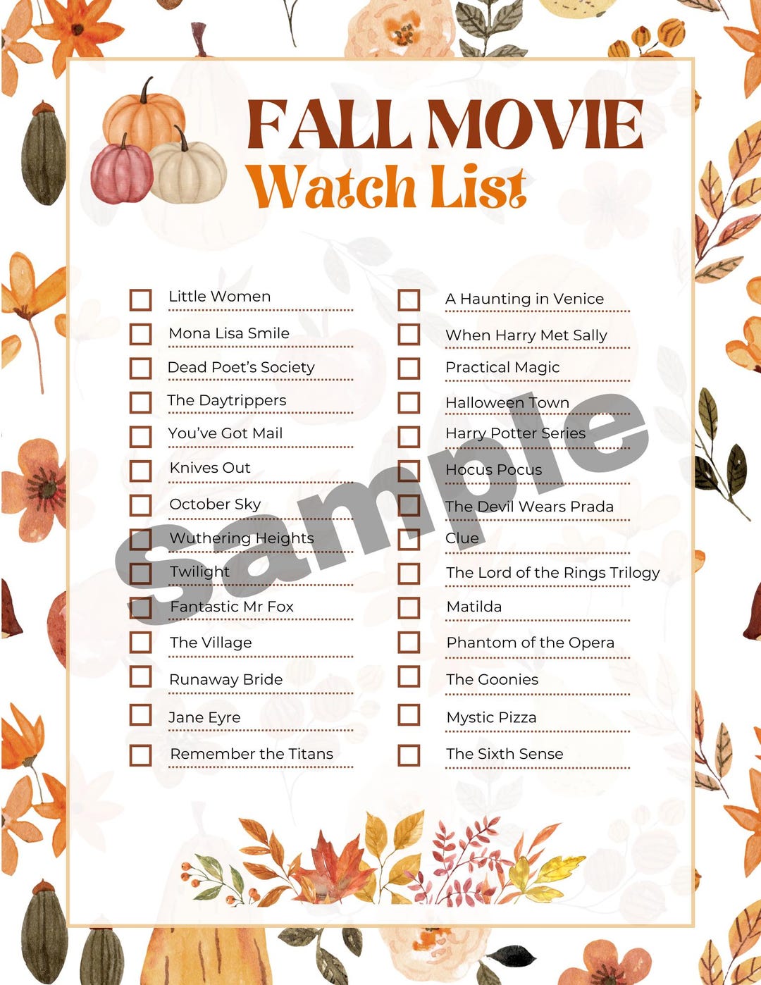 Fall Movie Watch List - Etsy