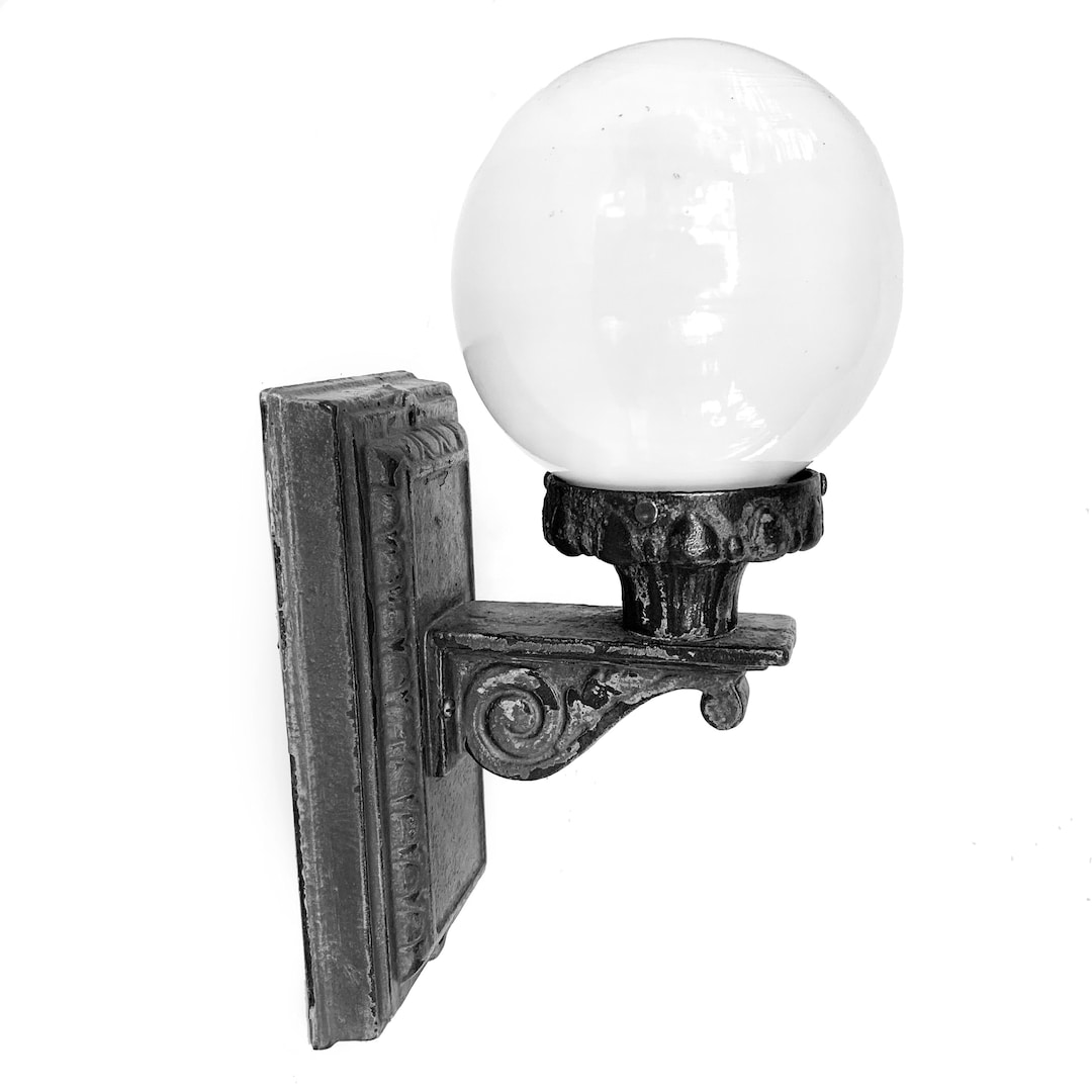Antique Cast Iron Sconce Light Opal Milk Glass Globe Vintage Early ...