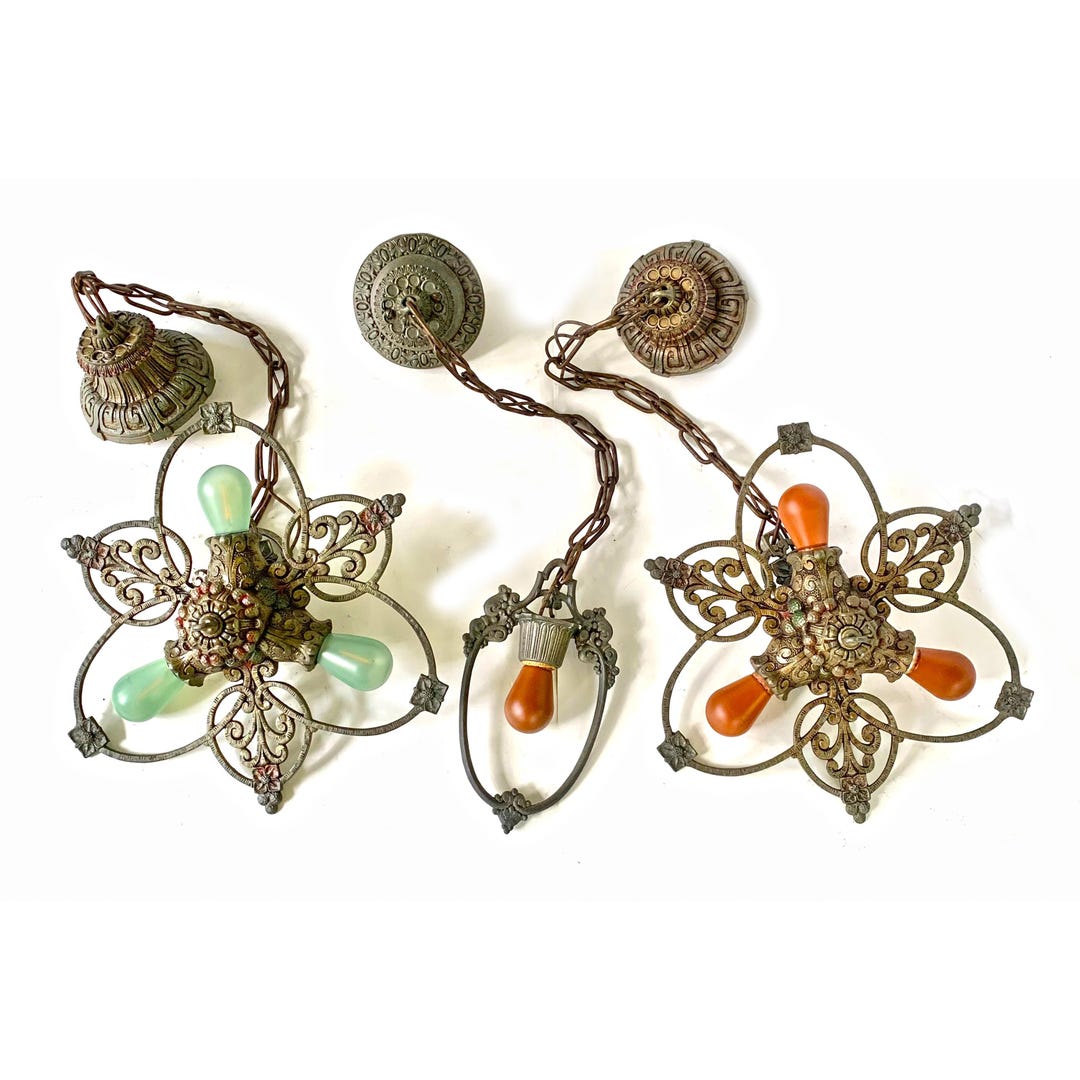 Three Antique Riddell Lights 2 Chandeliers 1 Pendant All Original ...