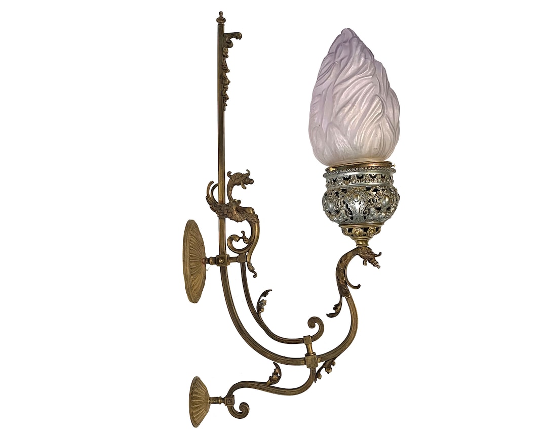 Antique Wall Sconce Light Large Brass Griffin Dragon Lavender Flame ...