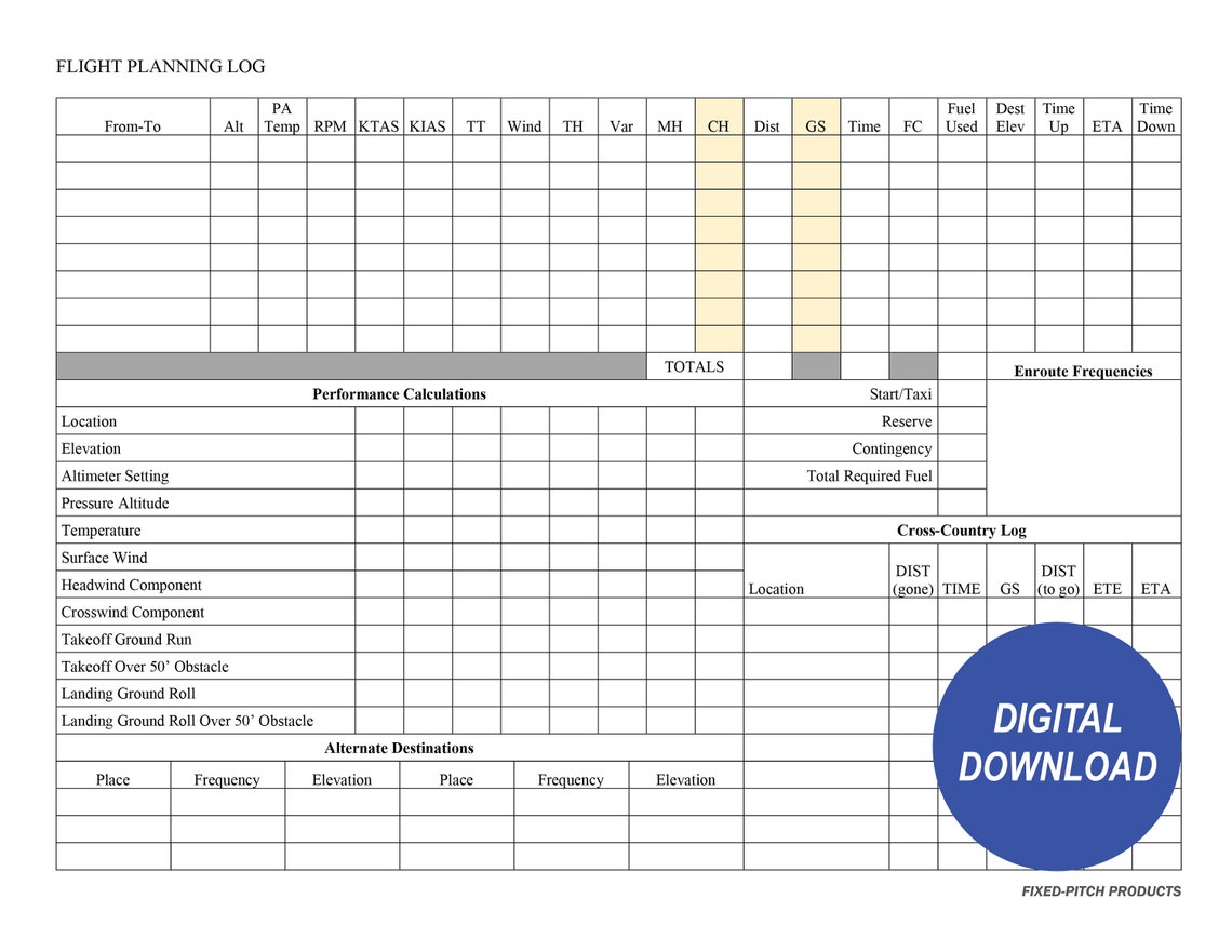 Flight Planning Log Printable, Cross-country Log Printable, Flight ...