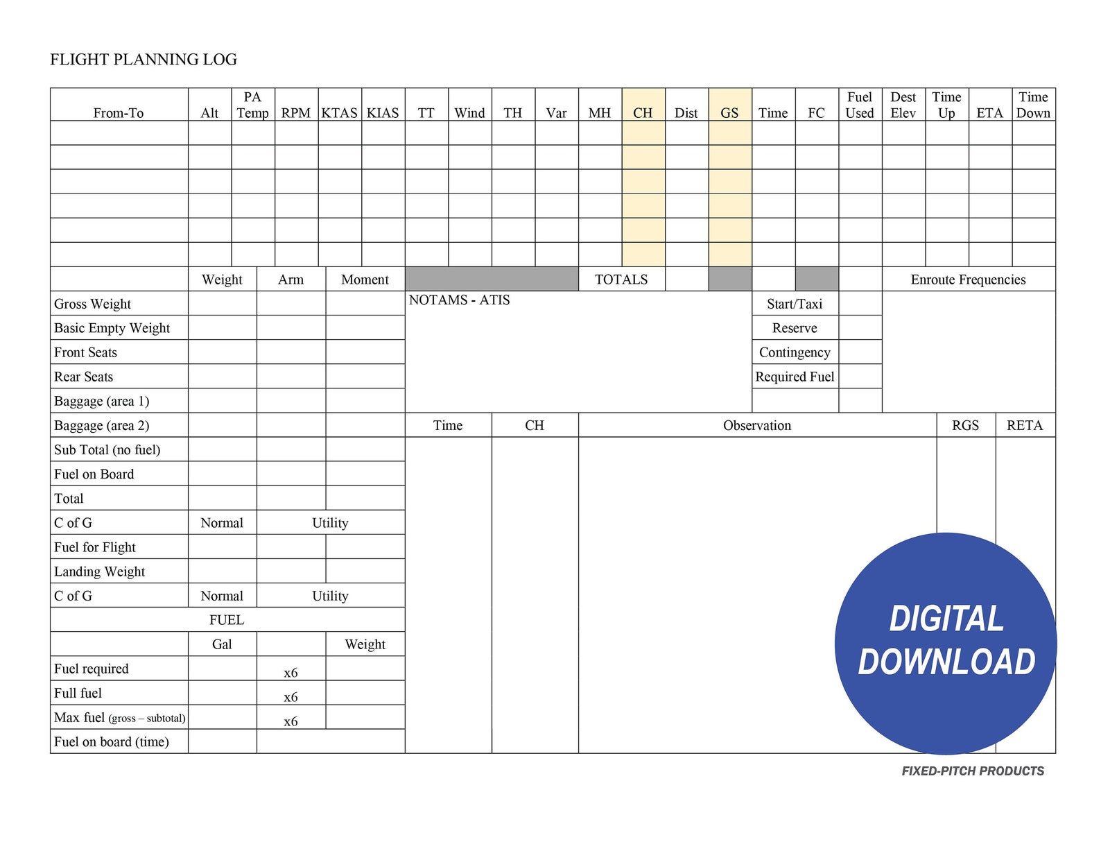 Flight Planning Log Printable, Cross-country Log Printable, Flight ...