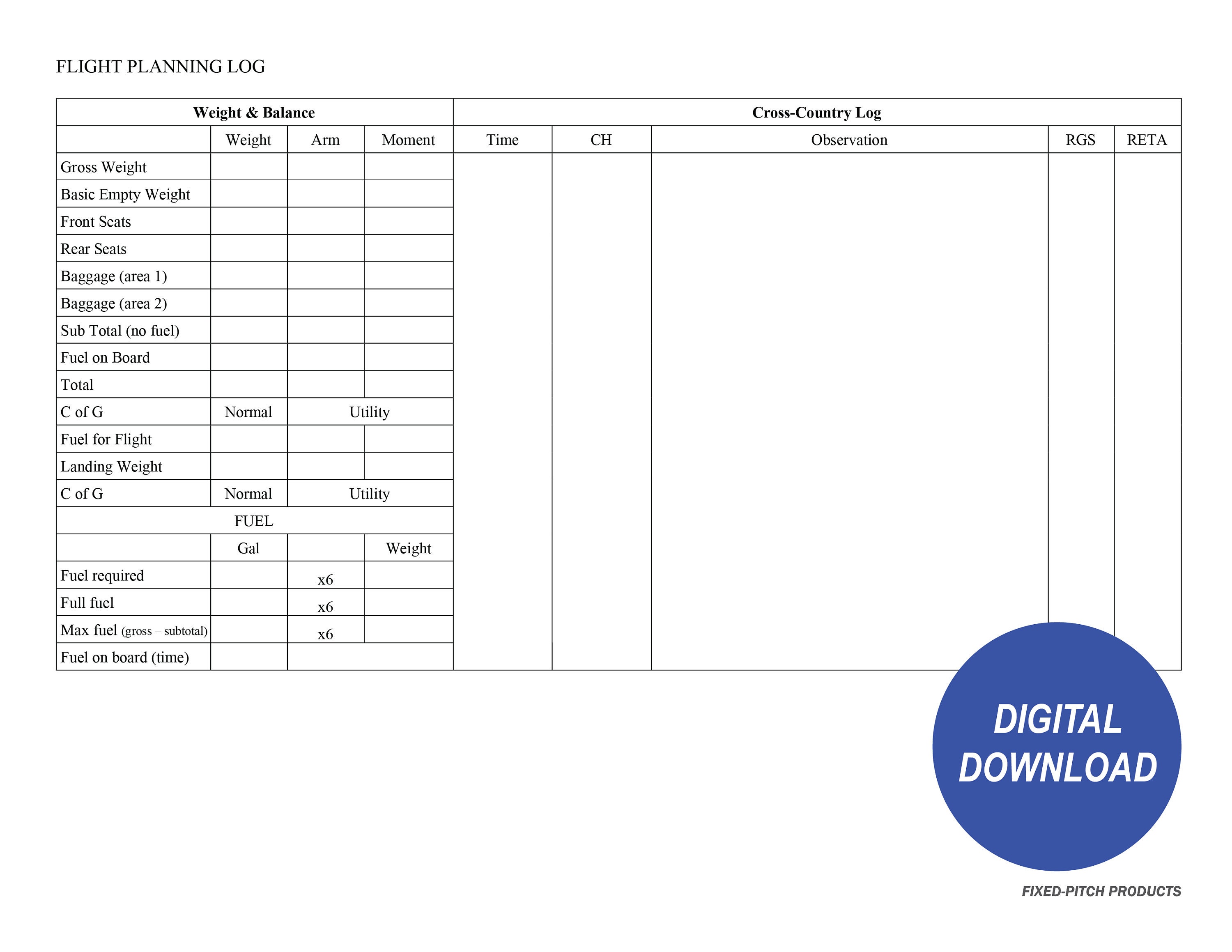 Flight Planning Log Printable, Cross-country Log Printable, Flight ...