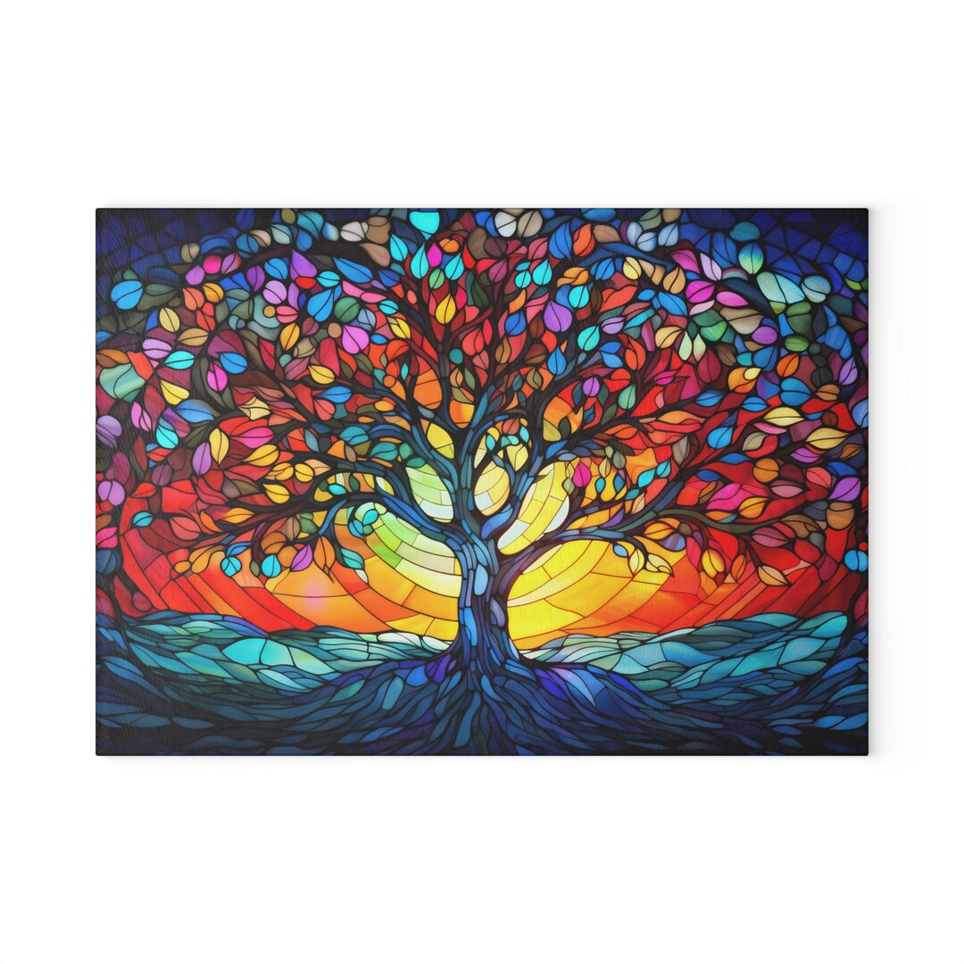 Vibrant Tree of Life Glass Cutting Board, Colorful Kitchen Decor ...