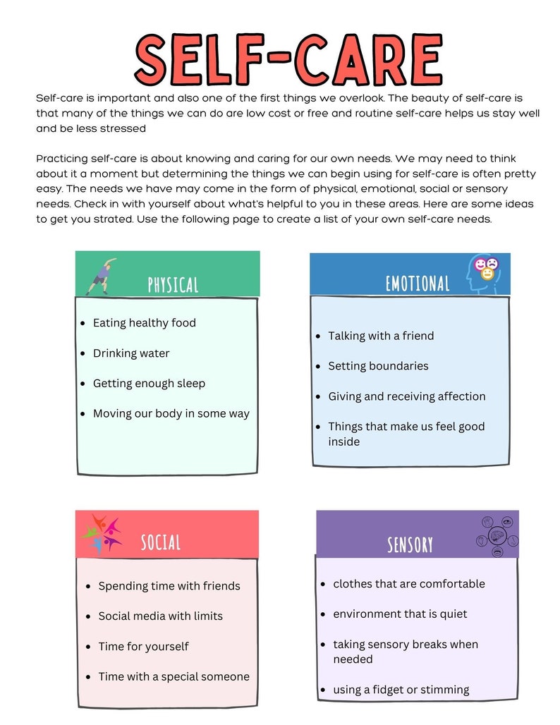Self-care Worksheet - Etsy